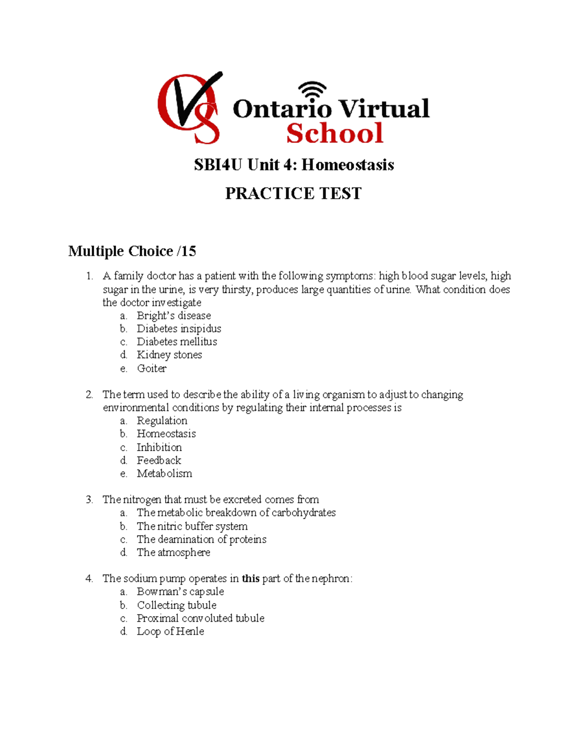 SBI4U Unit 4 Homeostasis Practice Test & Review Questions - Studocu