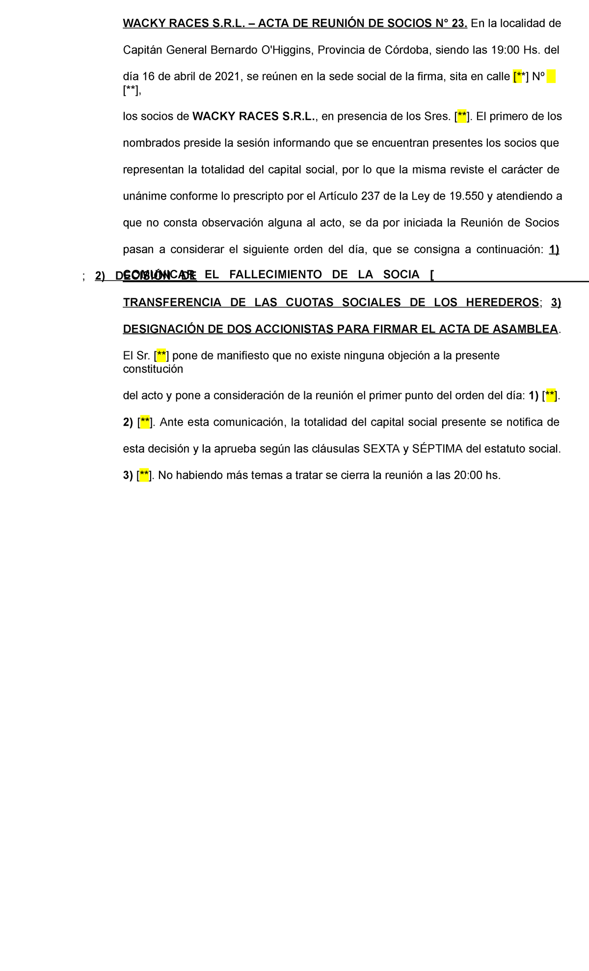 TP2 - Documentación extra (pdf - WACKY RACES S.R. – ACTA DE REUNIÓN DE SOCIOS N° 23. En la lo ca ...