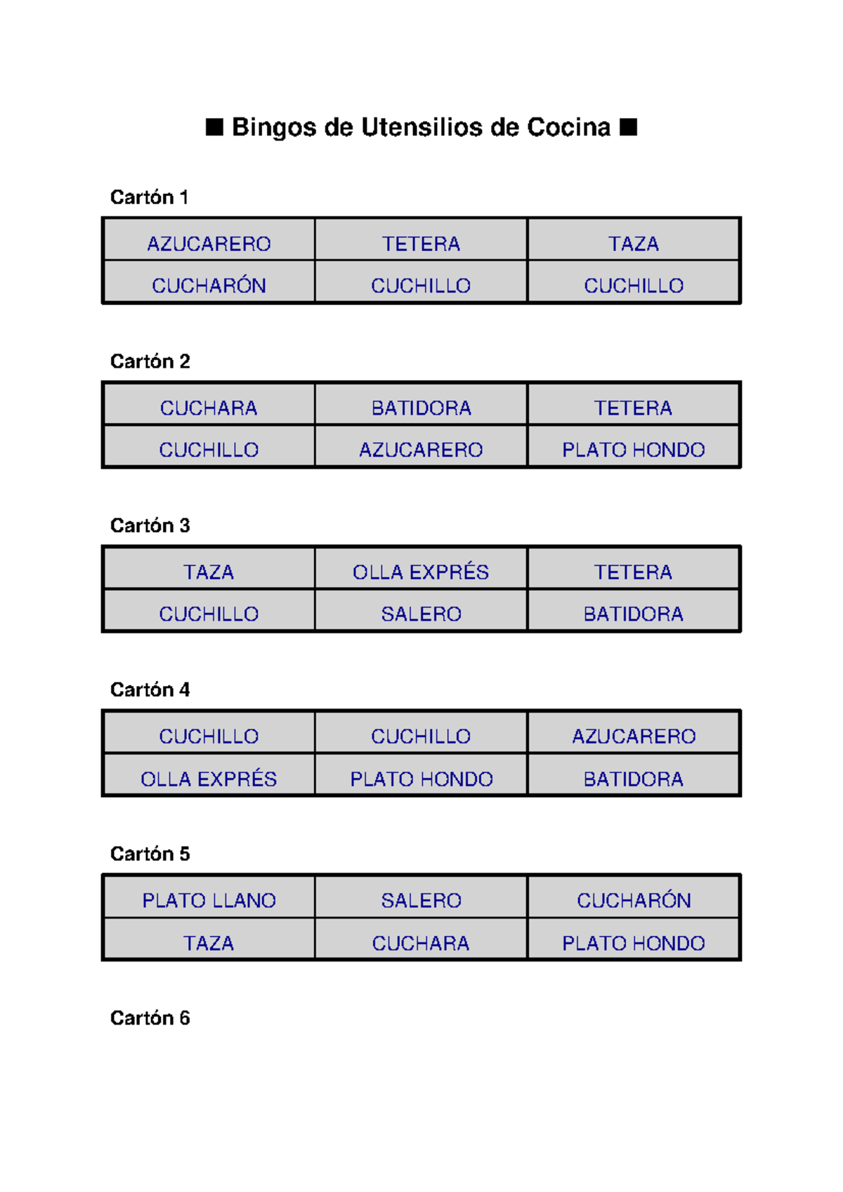 Bingos de Utensilios de Cocina - Juego "Soy una Taza" - Studocu