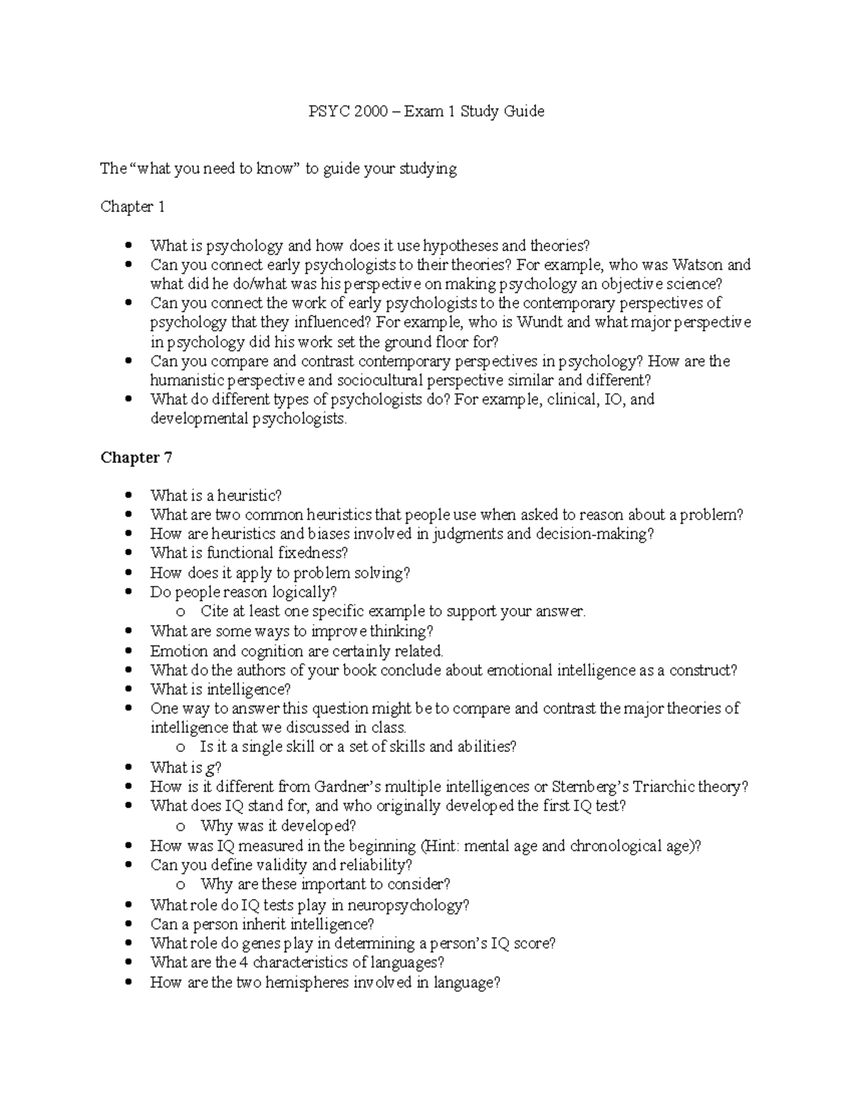 PSYC 2000 – Exam 1 Study Guide: Key Concepts & Theories in Psychology ...