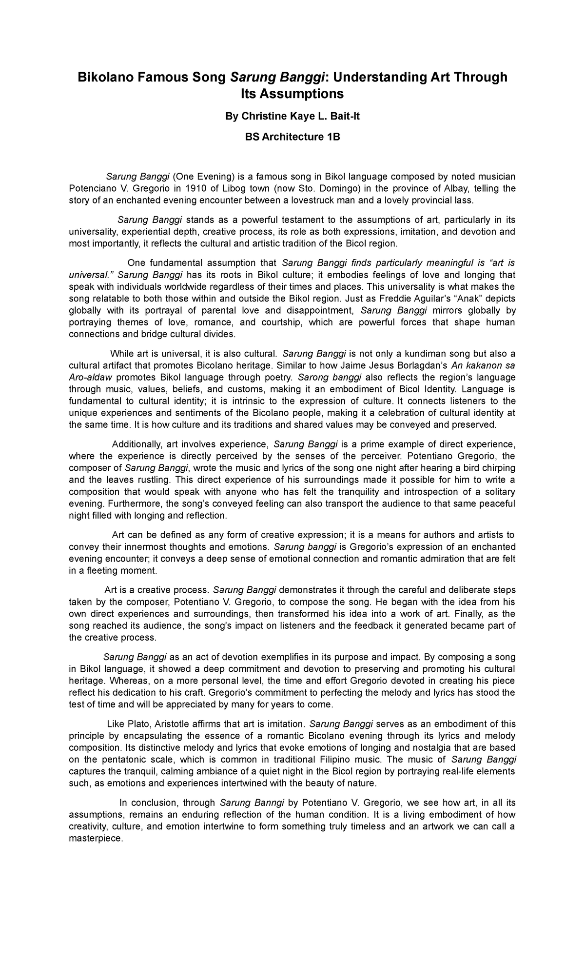 ART Appreciation (Assumptions of Arts) - Christine Kaye L. BAIT-IT ...