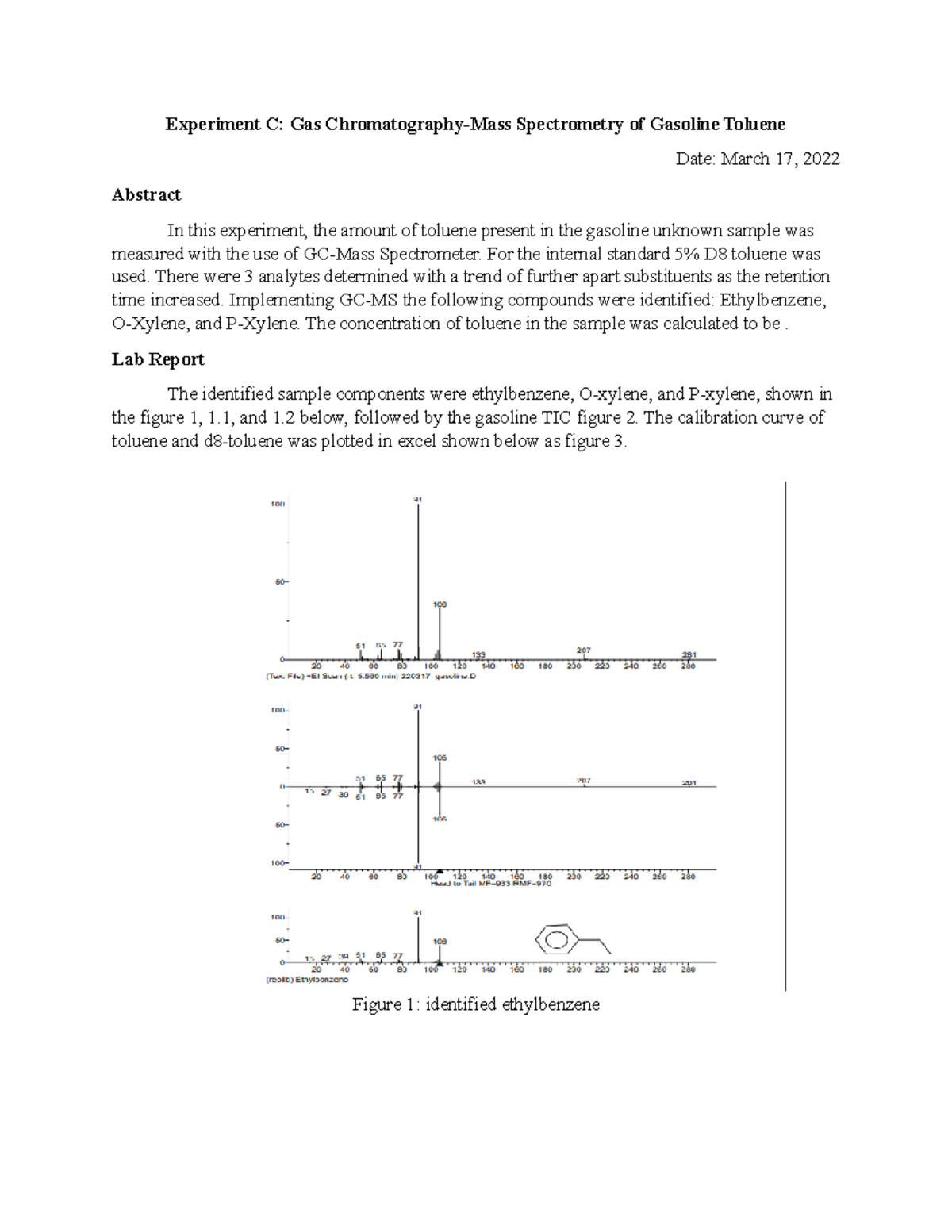 Experiment C: GC-MS Analysis of Toluene in Gasoline Sample - Studocu