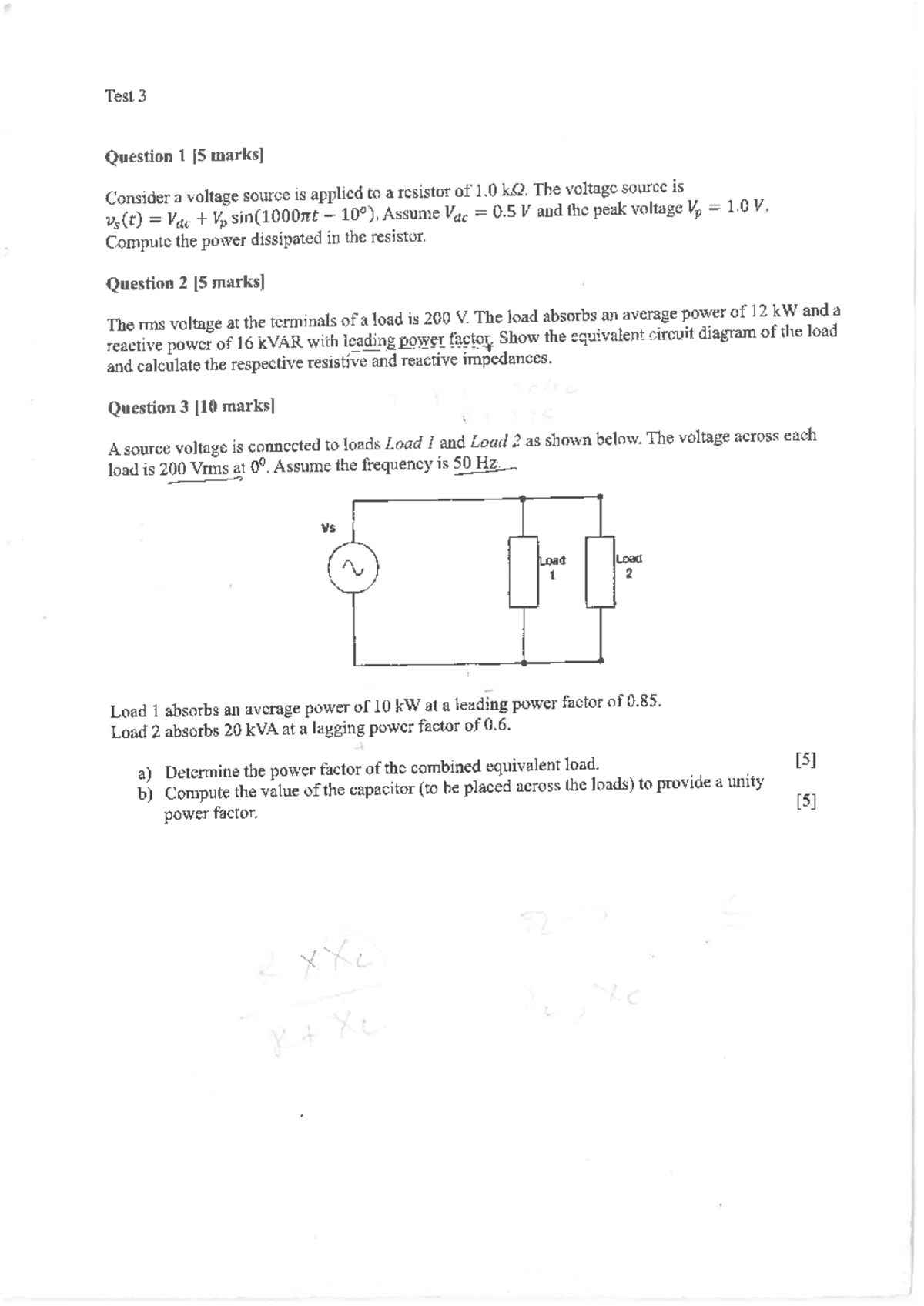 Principles Test 3: Power and Impedance Calculations in Circuits - Studocu
