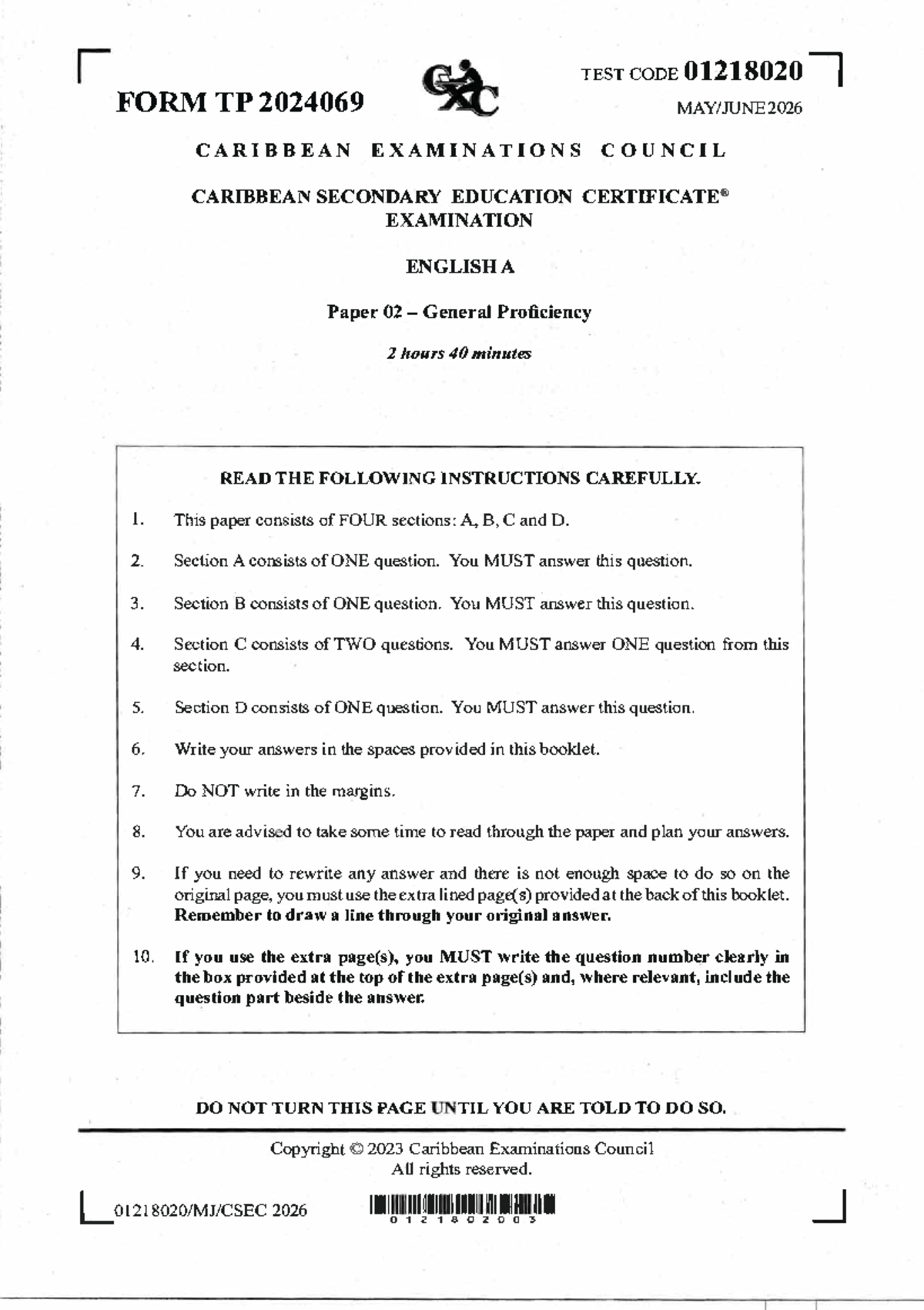 CSEC English A Paper 02 2026 Exam Instructions and Guidelines - Studocu