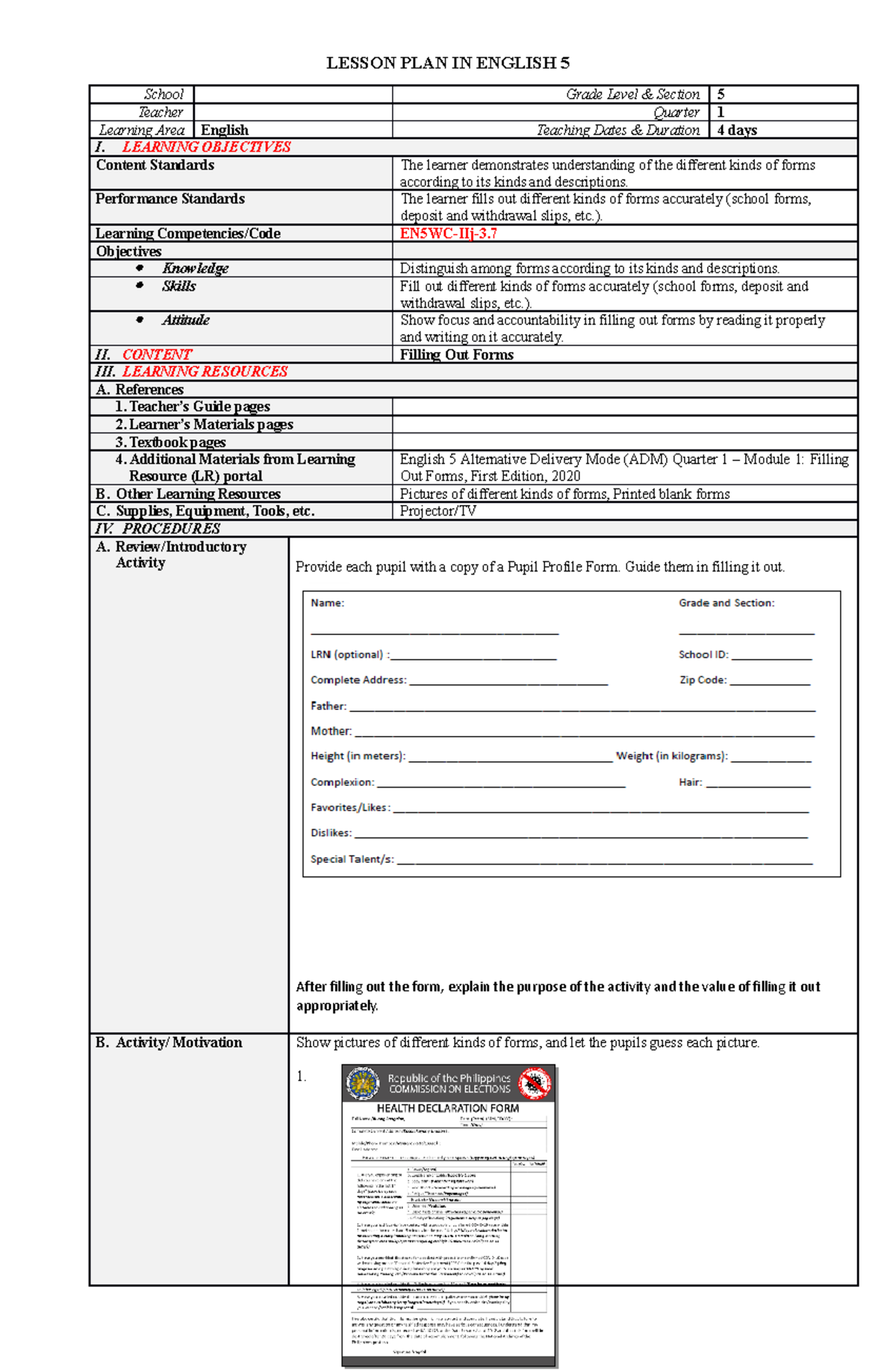 English 5 Q1 Lesson Plan: Mastering Form Filling Skills - Studocu