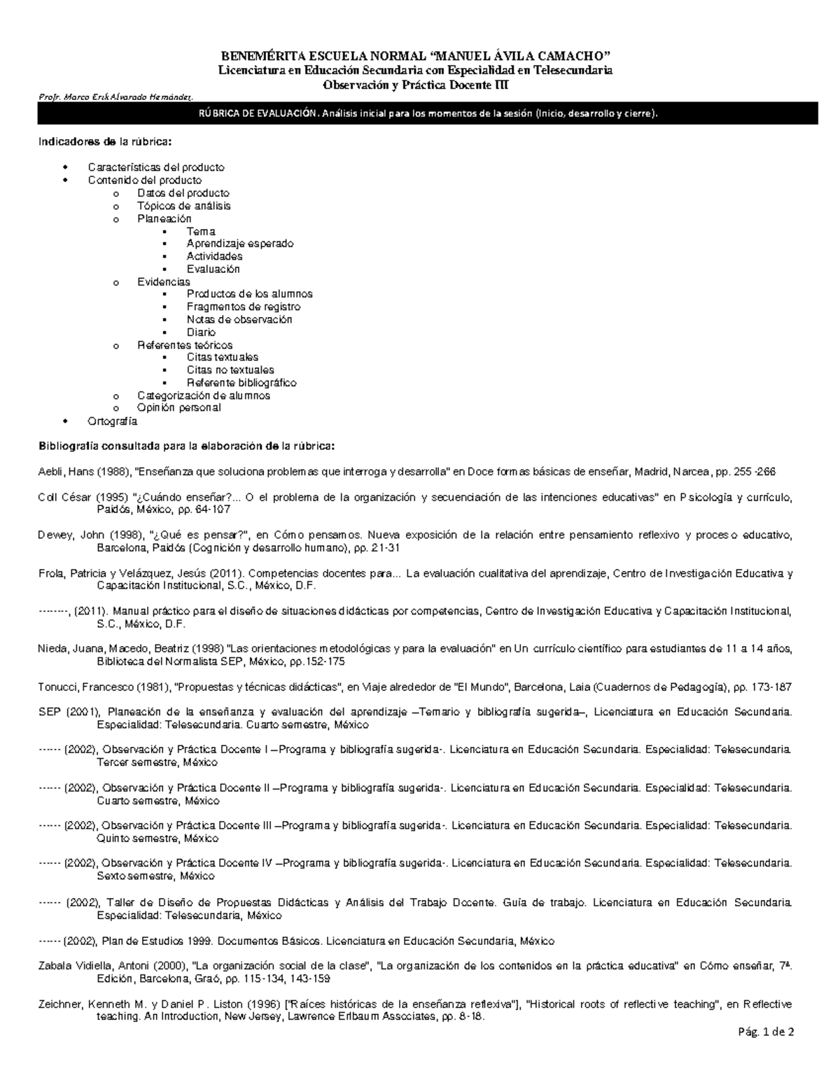 Rúbrica de Evaluación para Observación y Práctica Docente III (Opdiii ...