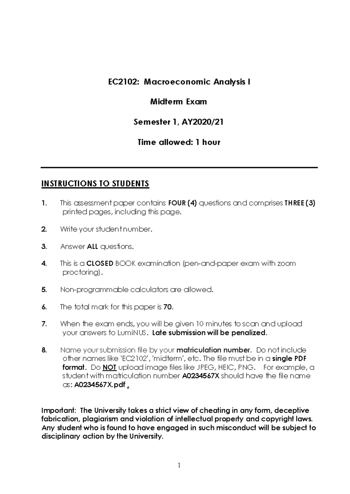 EC2102 Midterm Paper - 1 EC 2102 : Macroeconomic Analysis I Midterm ...