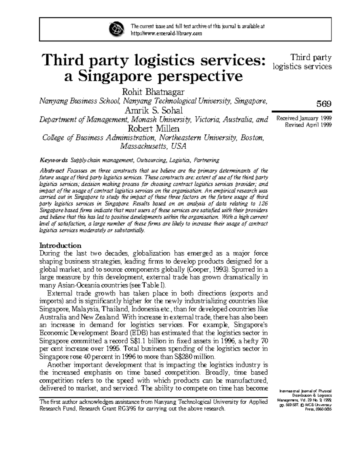 Third Party Logistics Services: A Singapore Perspective (Bhatnagar 1999 ...