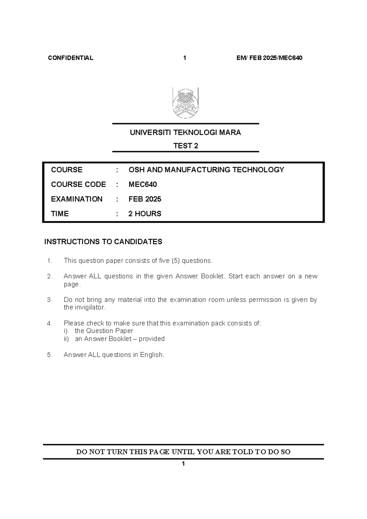 TEST 2 MEC640: OSH & Manufacturing Technology Exam - Feb 2025 - Studocu