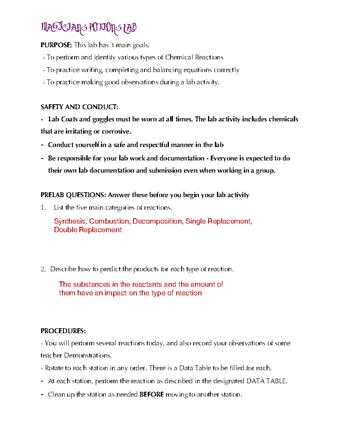 Potions lab: Exploring chemical reactions and observations - Studocu