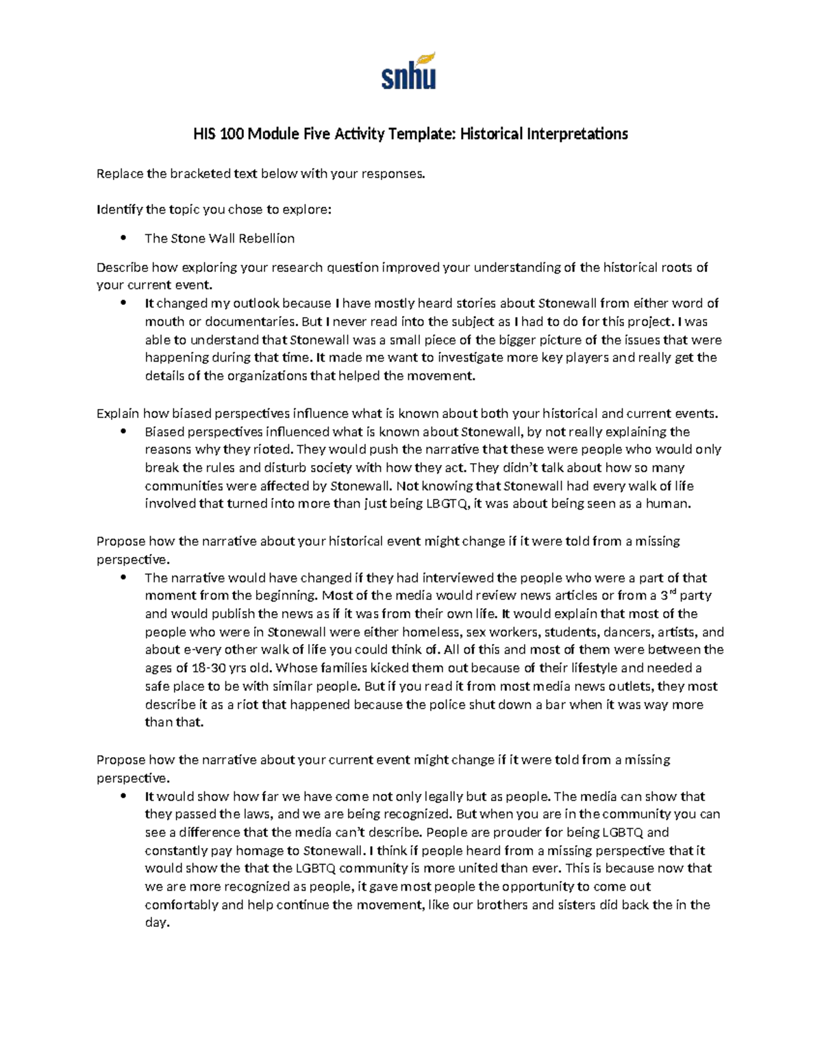 HIS 100 Module Five Activity: Understanding the Stonewall Rebellion ...