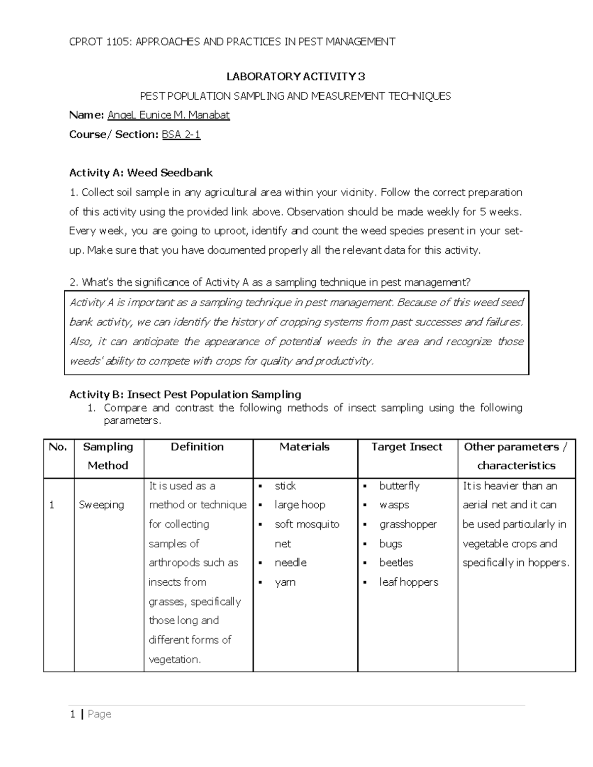 Laboratory Exercise No. 3: Pest Population Sampling Techniques (BSA 2 ...