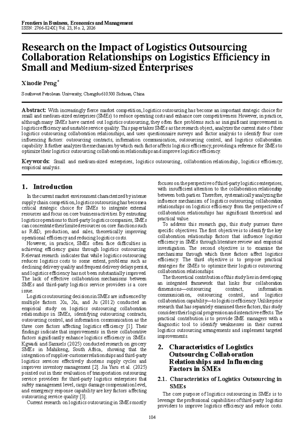 Research on Logistics Outsourcing Impact on SMEs' Efficiency (BUS 2026 ...