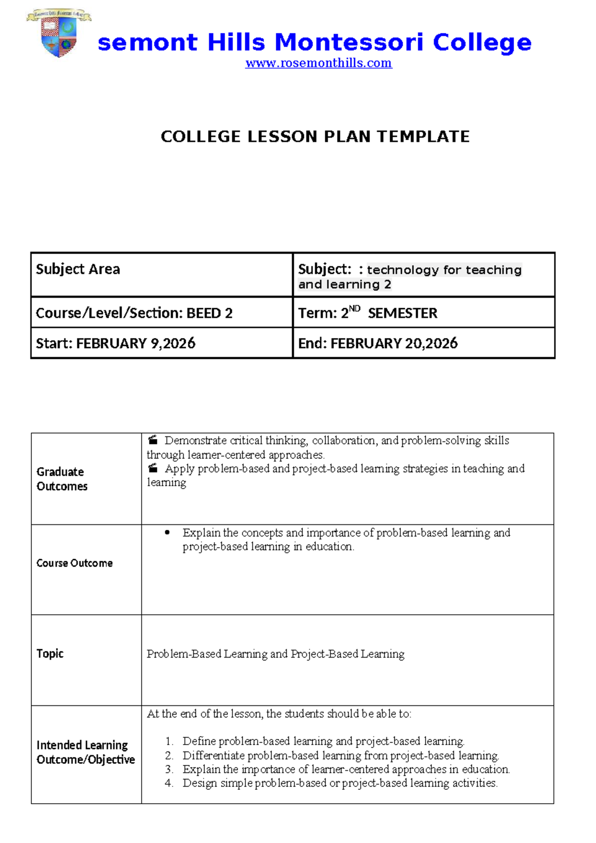 BEED 2 2ND SEMESTER Lesson Plan: Technology in Teaching - Studocu