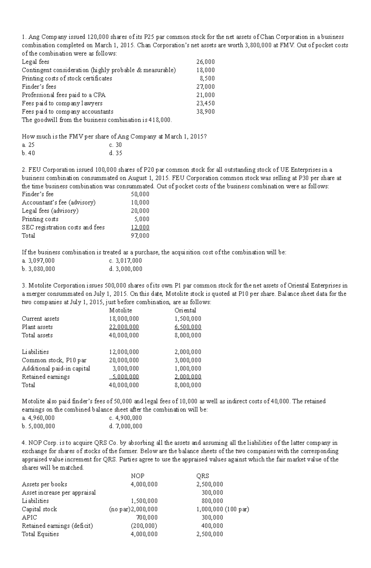 Business Combinations & FS Consolidation - Quiz 2 Problems - Studocu