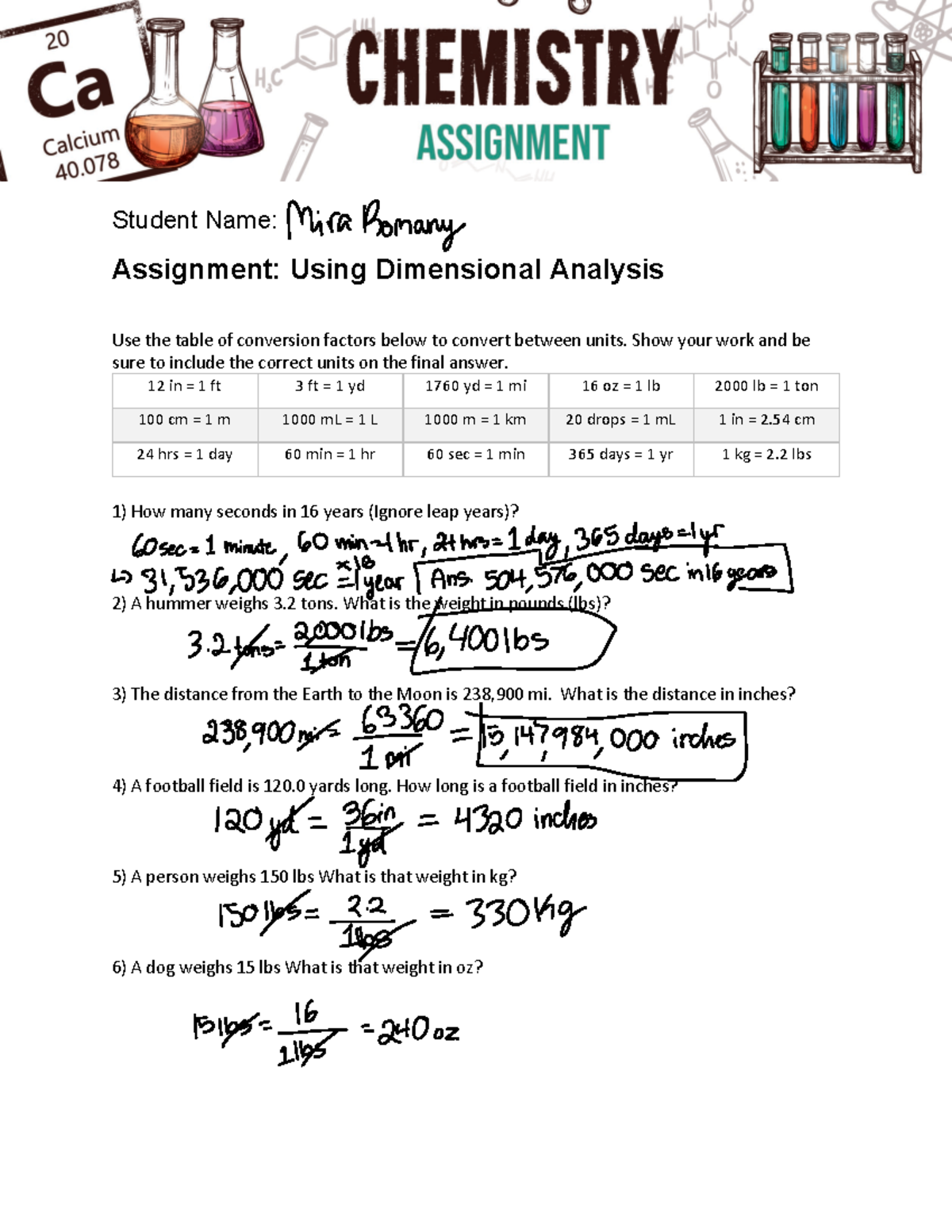 1 - Hw for chemistry - Student Name: Assignment: Using Dimensional ...