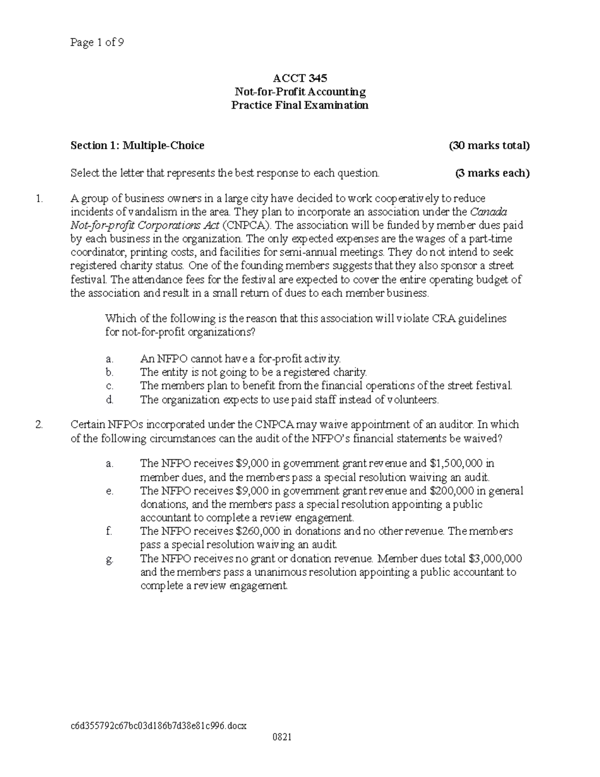 ACCT 345 Not-for-Profit Accounting Practice Final Exam Review - Studocu