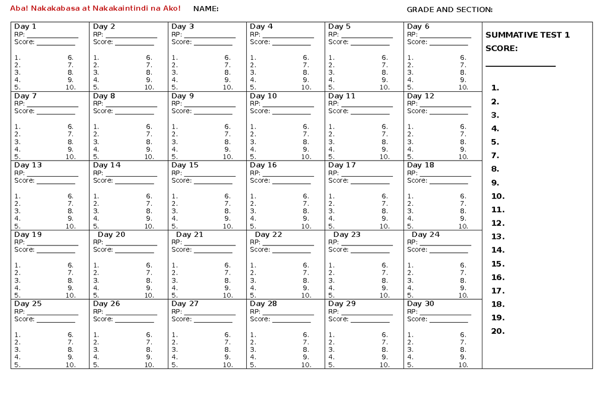 Intervention-Answer Sheet - Day 1 RP: ________________ Score ...