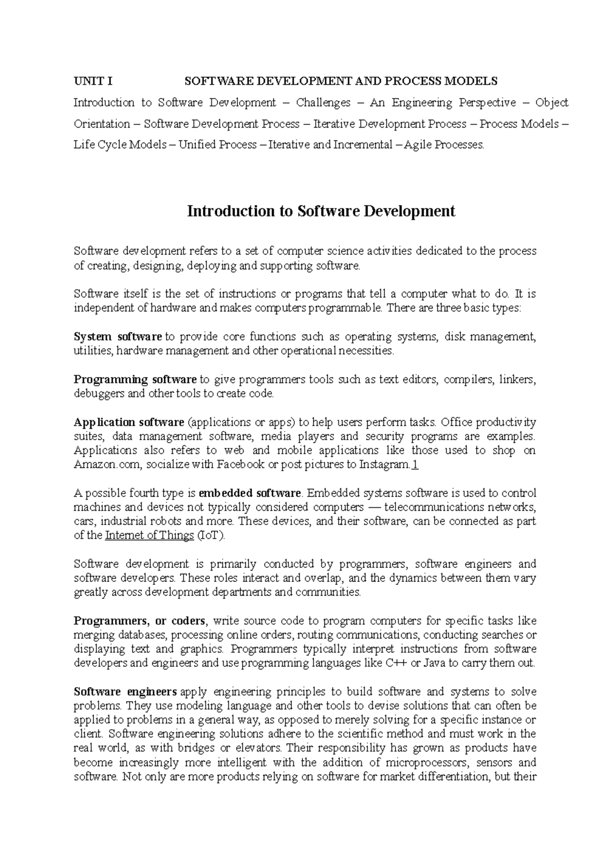 Unit 1 - Software Development Process & Object Orientation (OOSE) - Studocu