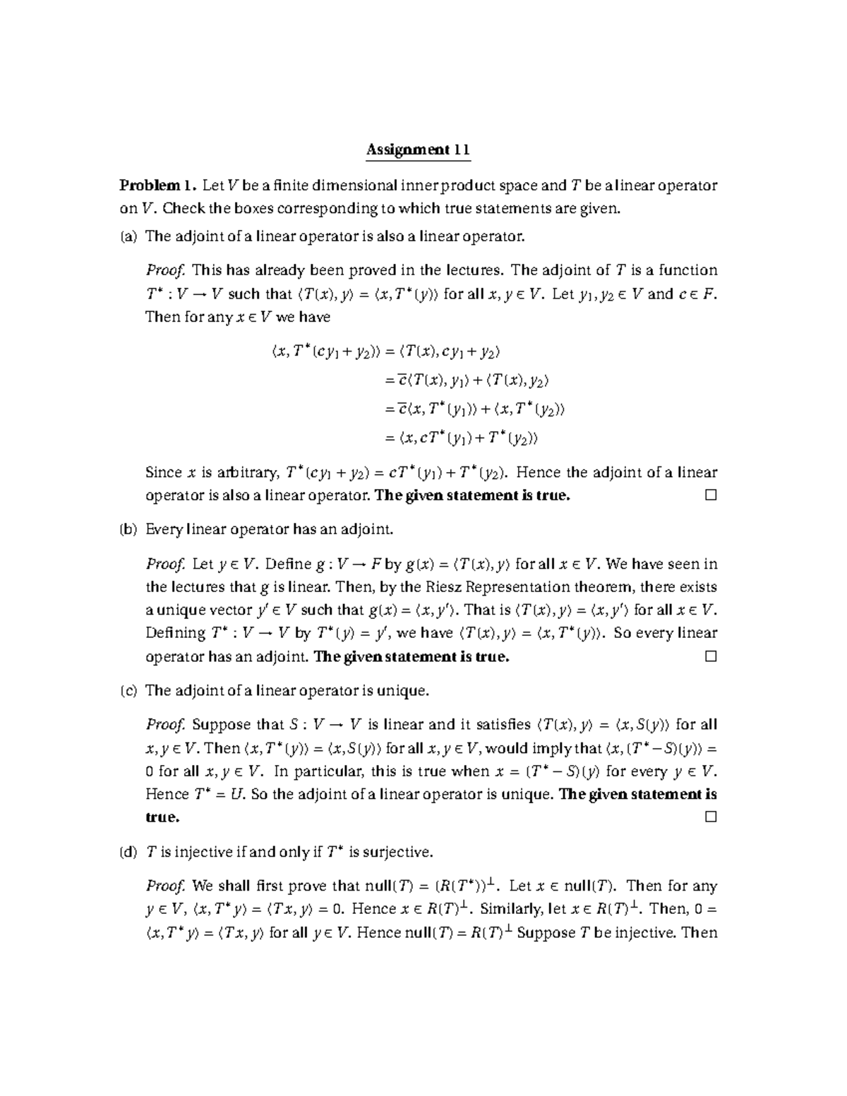 Assignment 11 Linear Algebra NPTEL - Adjoint and Linear Operators - Studocu