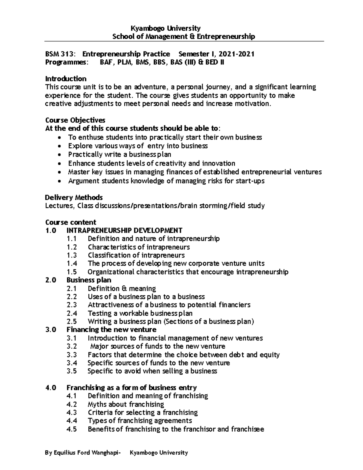 Entrepreneurship Practice Notes BSM 313: Kyambogo University Semester I ...