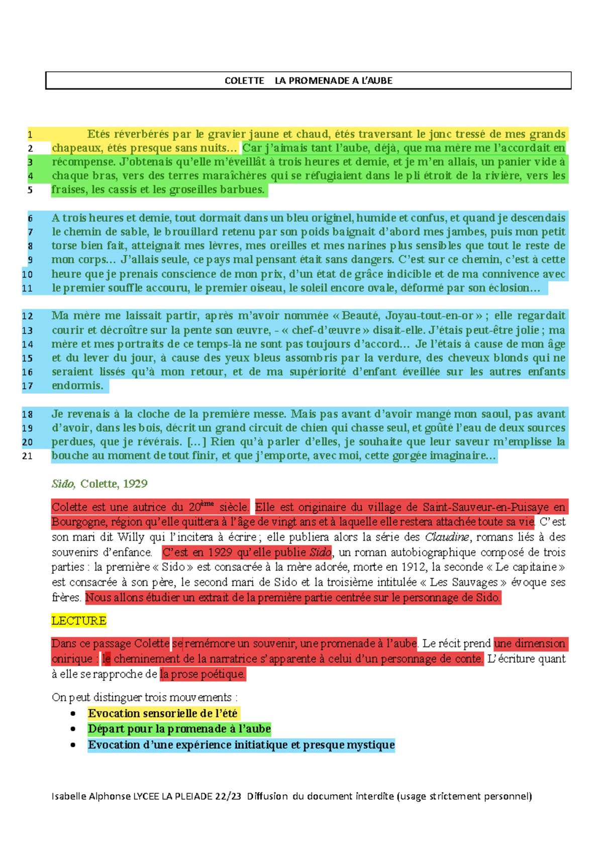 COLETTE - LECTURE LINÉAIRE DE "SIDO" (1929) : ÉVOLUTION ET NATURE - Studocu