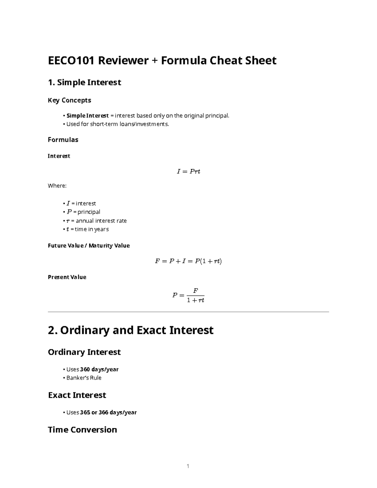 EECO101 Final Exam Formula Cheat Sheet: Simple & Compound Interest ...