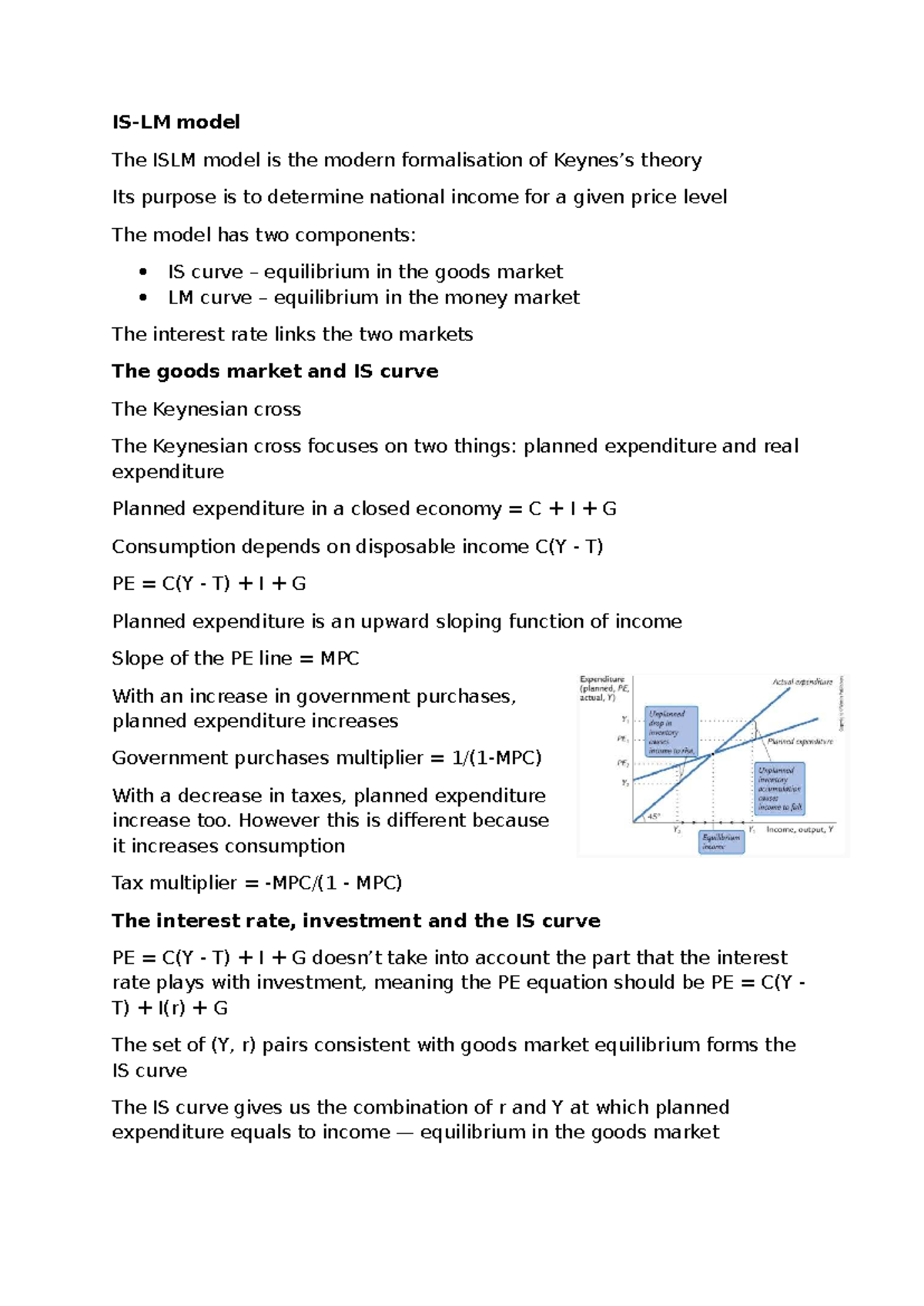IS-LM Model: Lecture Summaries on National Income Determination - Studocu