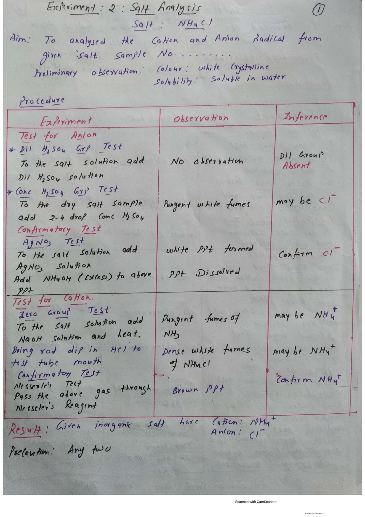 Exp 2: Salt Analysis of Cations and Anions in Inorganic Samples - Studocu