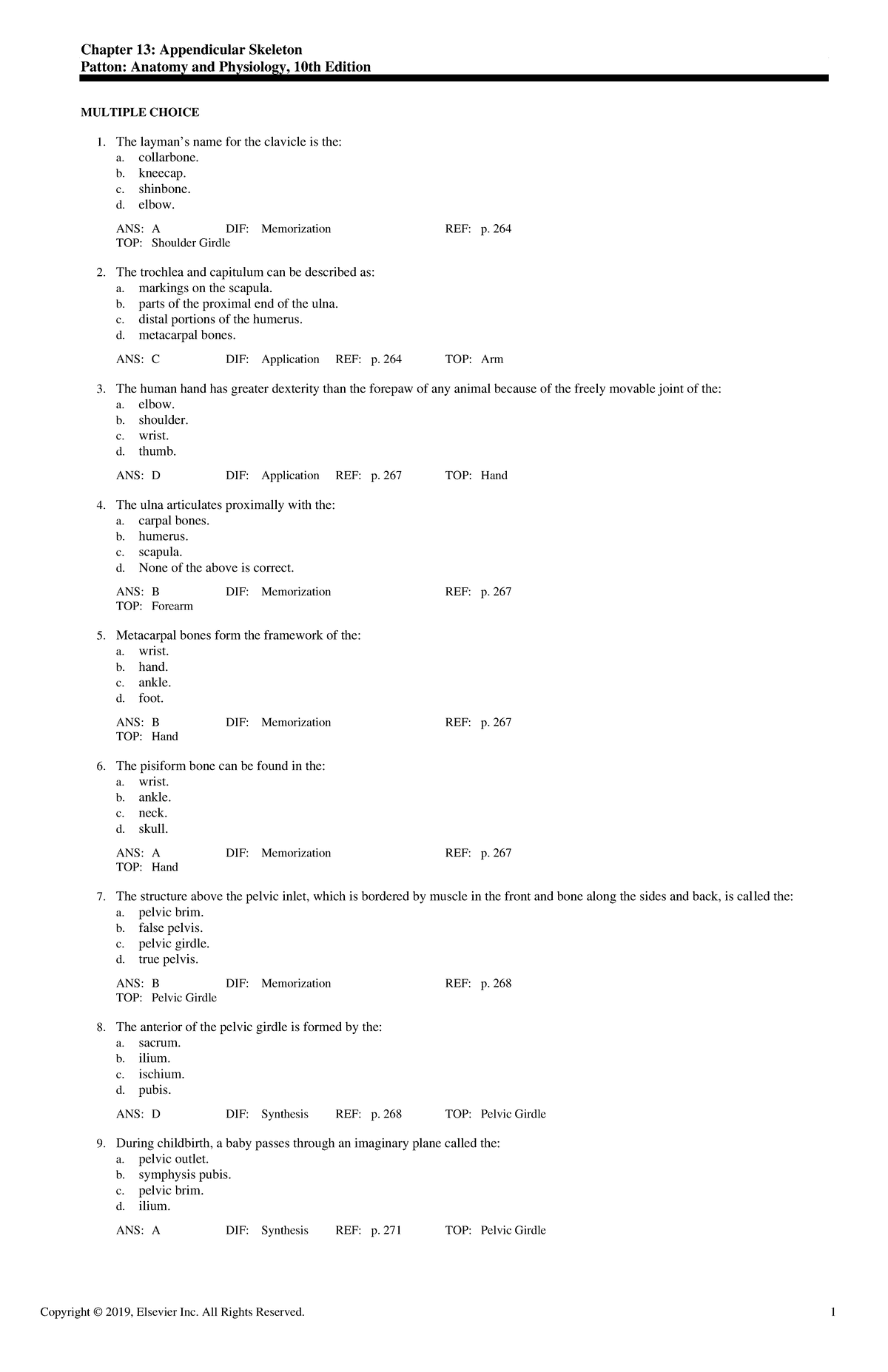 Chapter 13: Appendicular Skeleton Practice Questions & Answers - Studocu