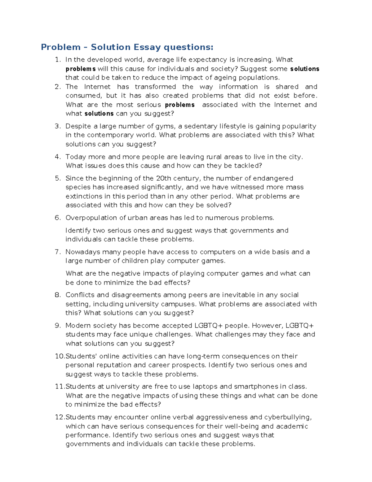 Problem-Solution essay Questions - Problem – Solution Essay questions ...