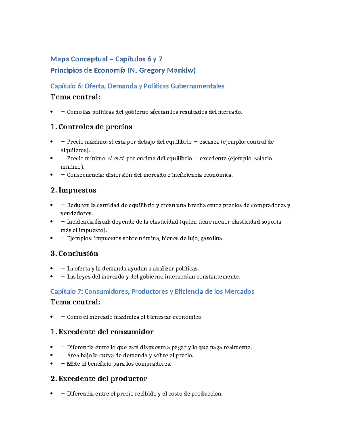 Mapa Conceptual Capítulos 6 y 7 - Principios de Economía (Mankiw) - Studocu