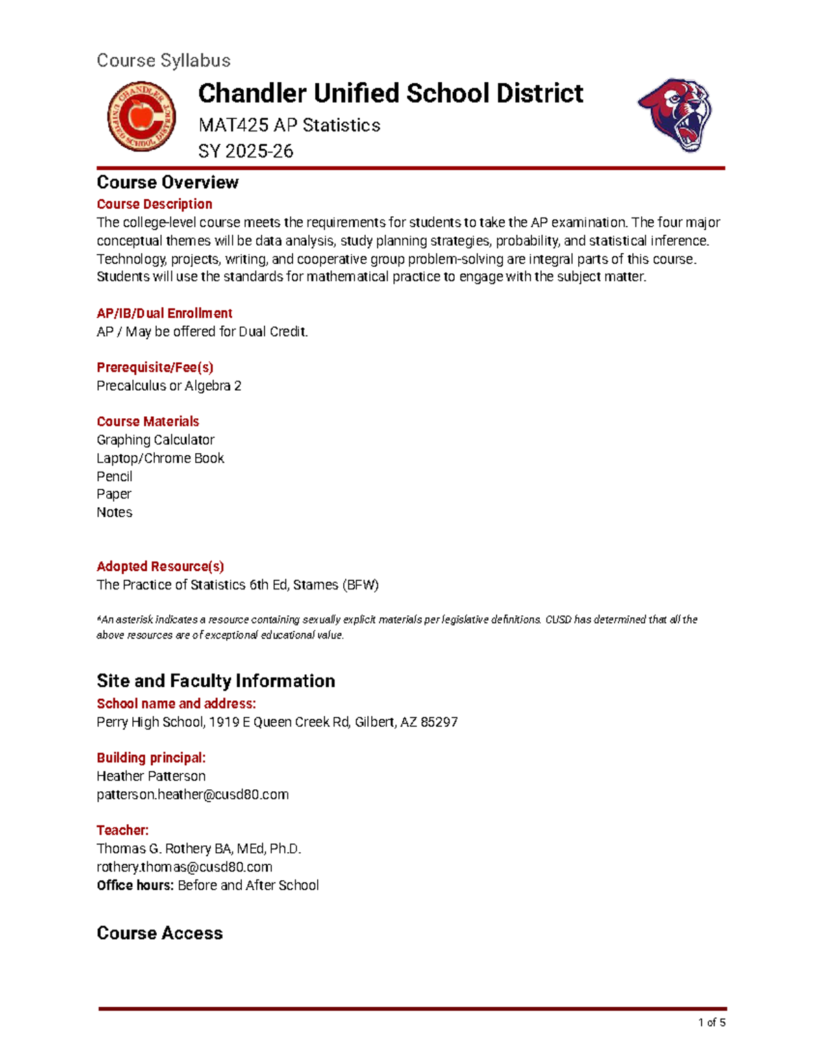 Chandler Unified School District MAT425 AP Statistics Course Syllabus ...