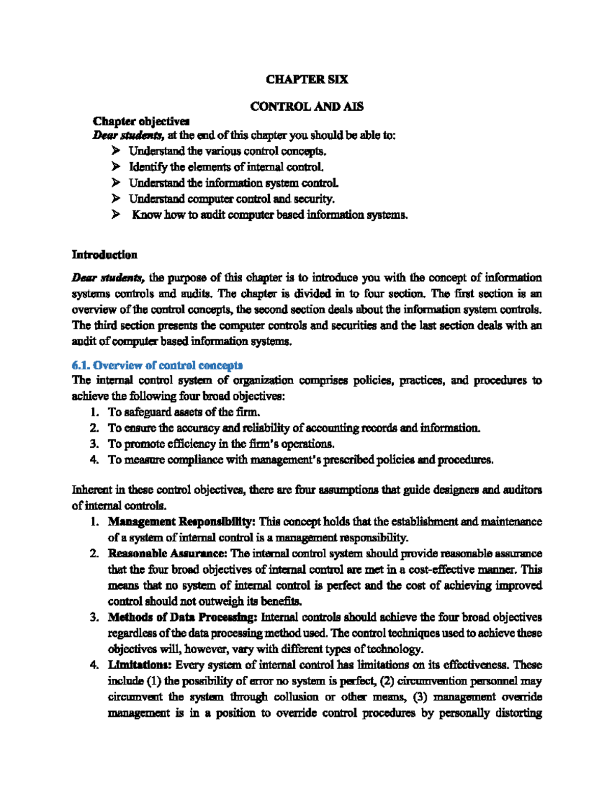 Control Concepts and AIS: Lecture Notes for Course Code CHAPTER 6 - Studocu