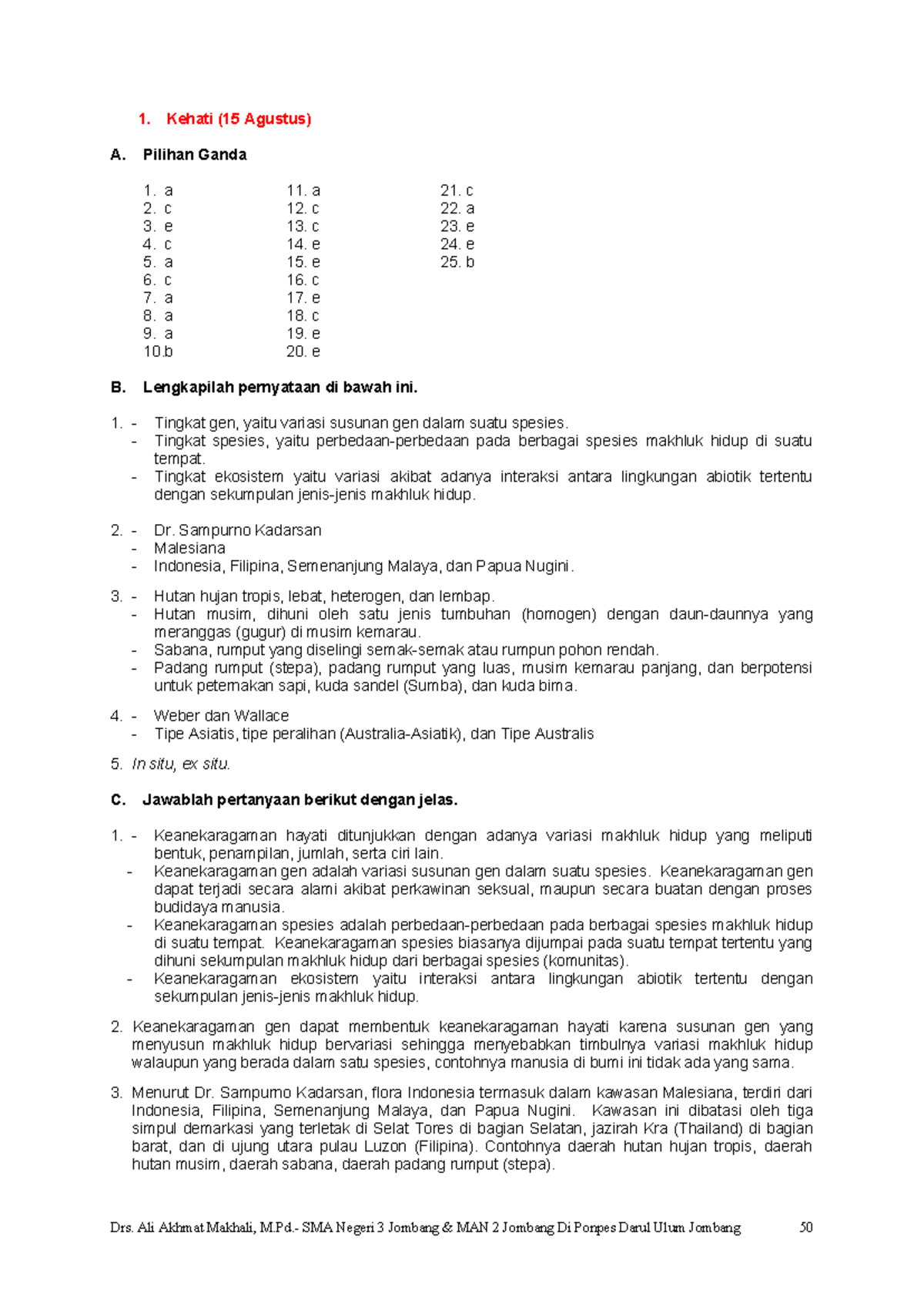 Kunci Kumer Biologi 1.0 - Drs. Ali Akhmat Makhali, M.Pd - Studocu