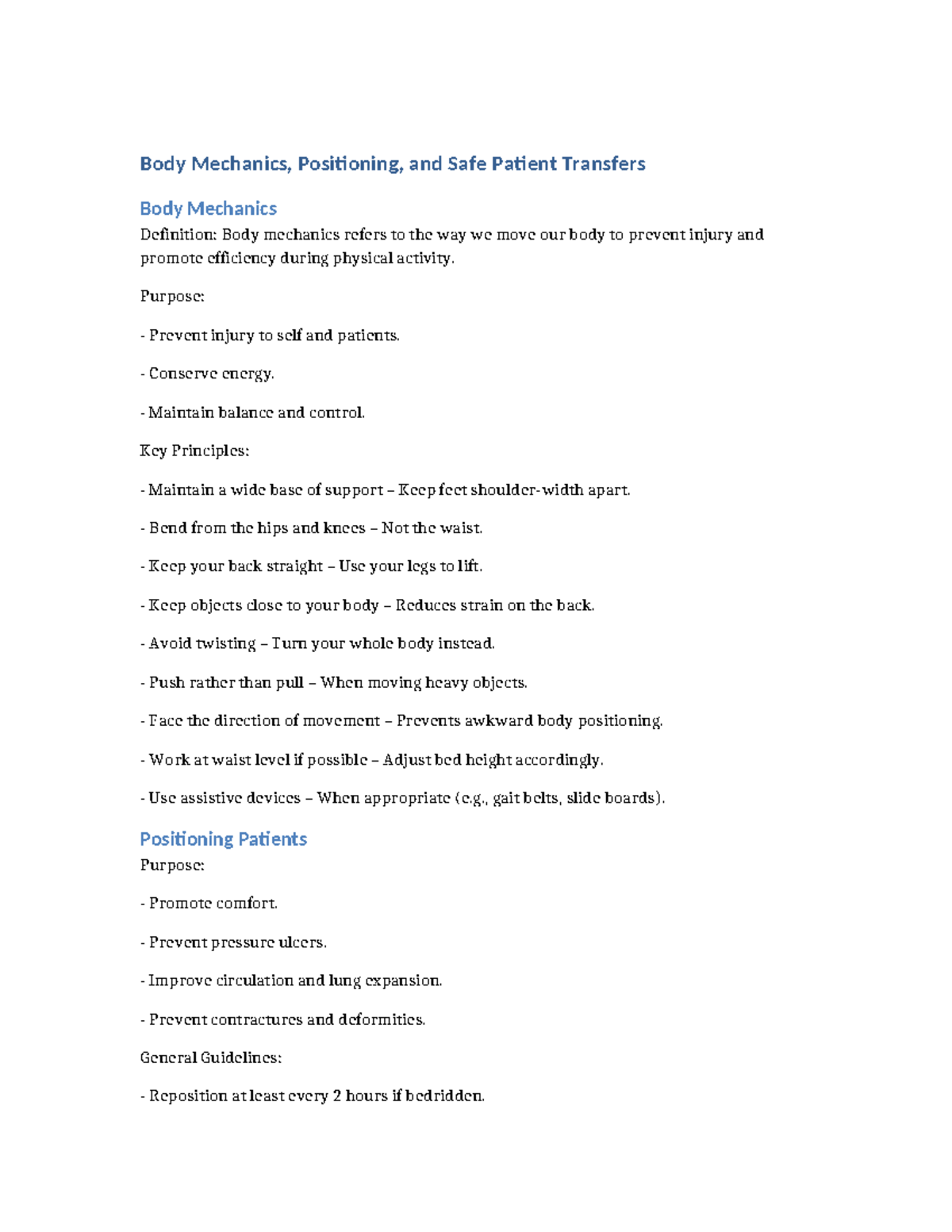 Body Mechanics, Positioning & Safe Patient Transfers CNA Guide - Studocu