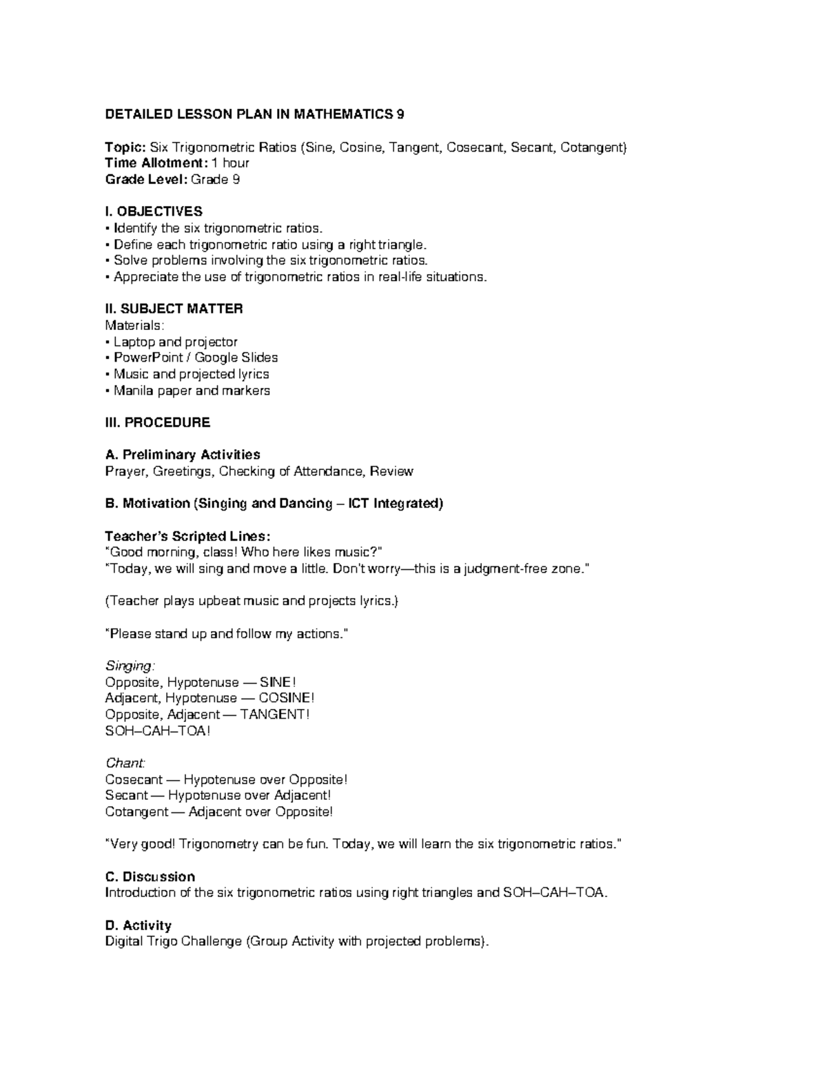 Detailed Lesson Plan: Six Trigonometric Ratios (Math 9) - Studocu