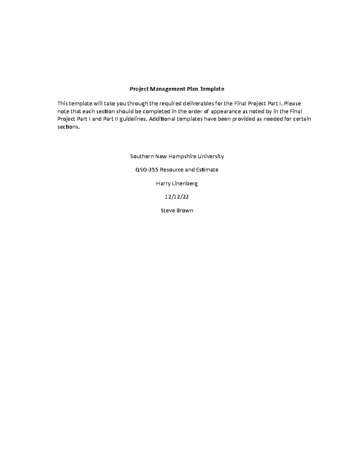 QSO-355 Final Project Management Plan Template (Revised) - Studocu