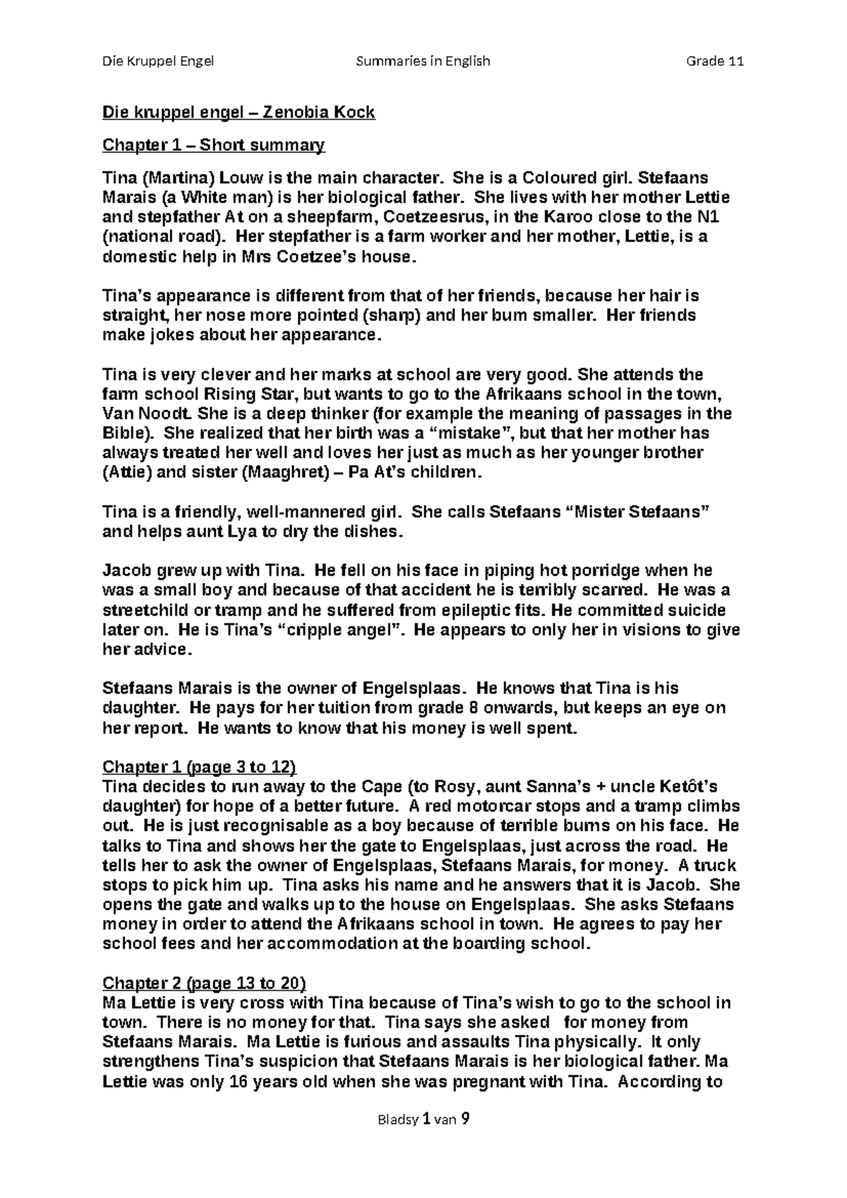 Die Kruppel Engel Chapter Summaries - Grade 11 Analysis - Studocu