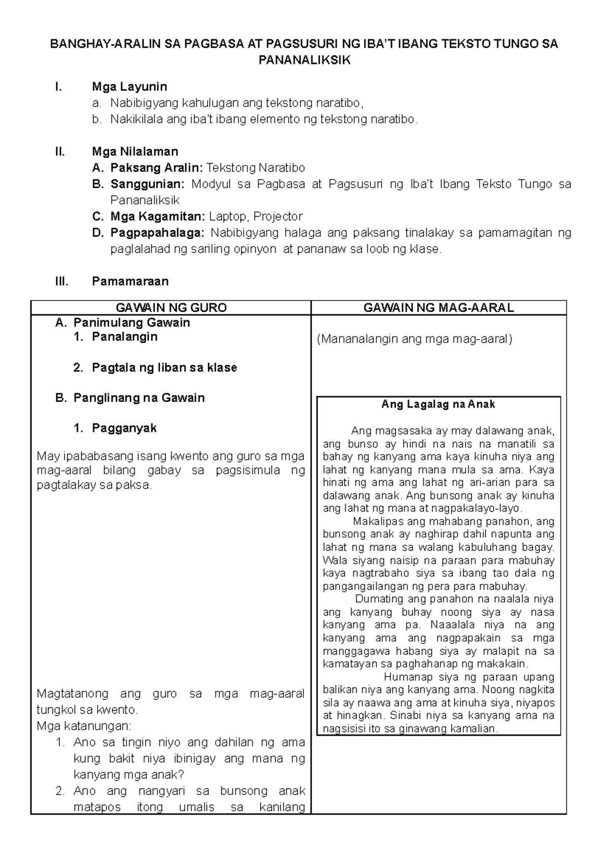 Banghay araling sa Pagbasa AT Pagsusuri - BANGHAY-ARALIN SA PAGBASA AT PAGSUSURI NG IBA’T IBANG ...