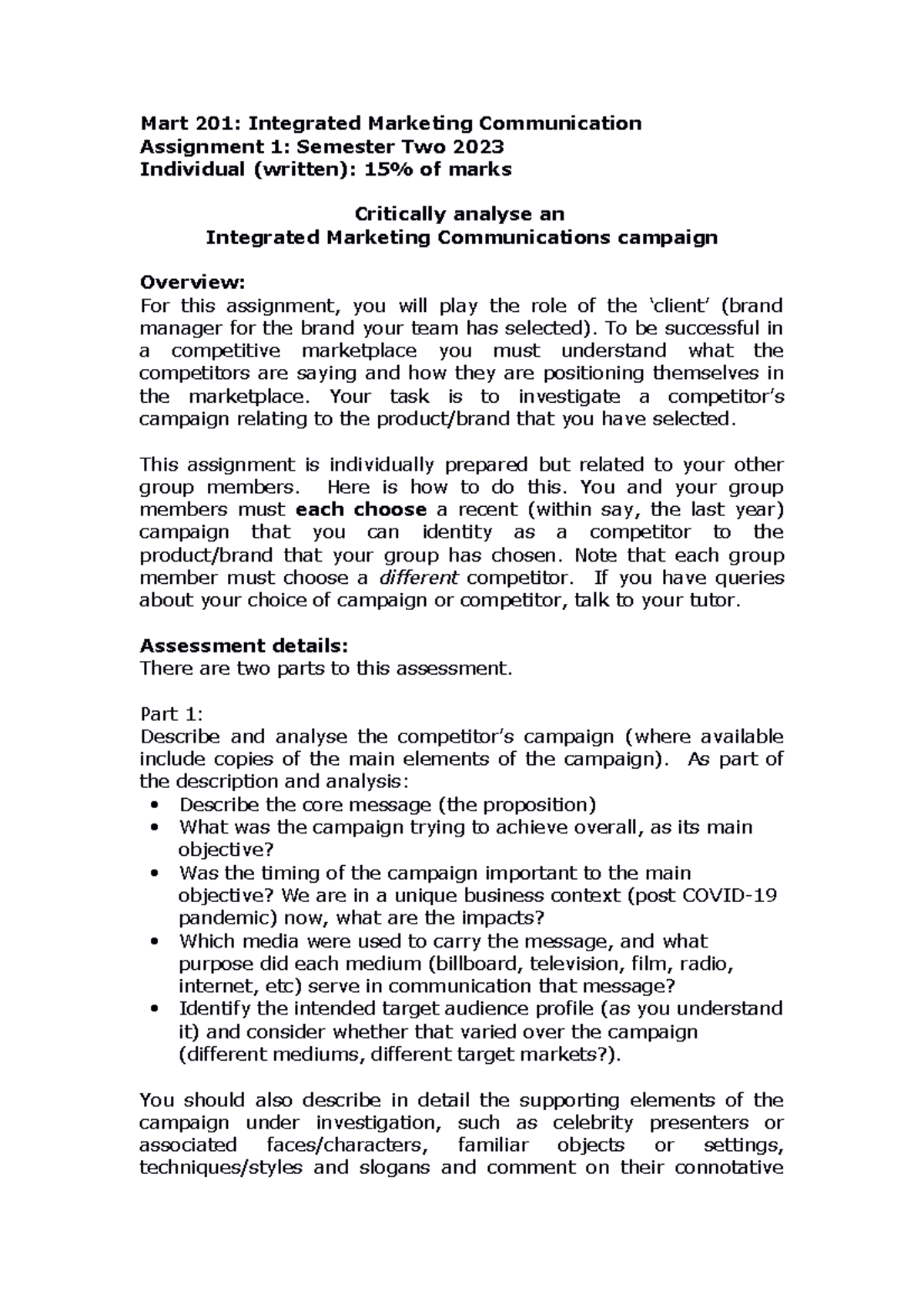 MART 201 Assignment 1: Analysis of Integrated Marketing Campaigns - Studocu