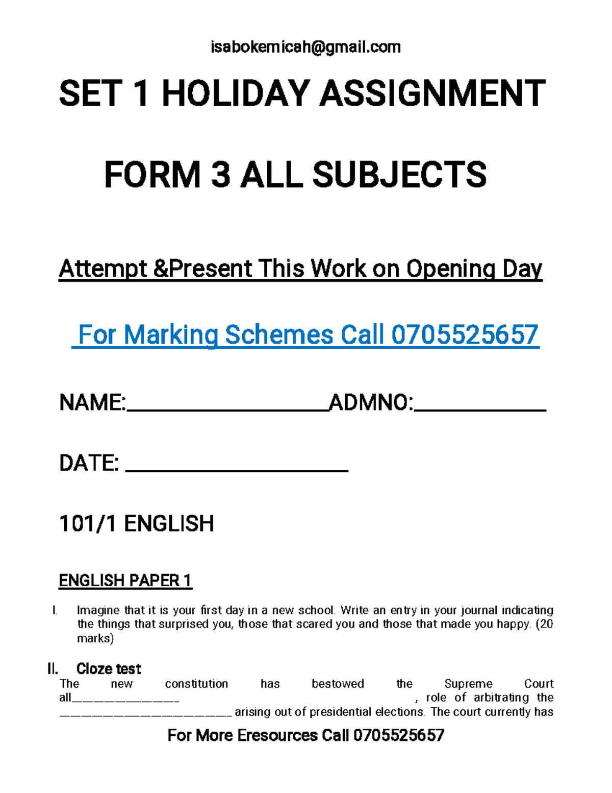 FORM 3 Holiday Assignment SET 1 QNS - SET 1 HOLIDAYASSIGNMENT FORM 3 ...