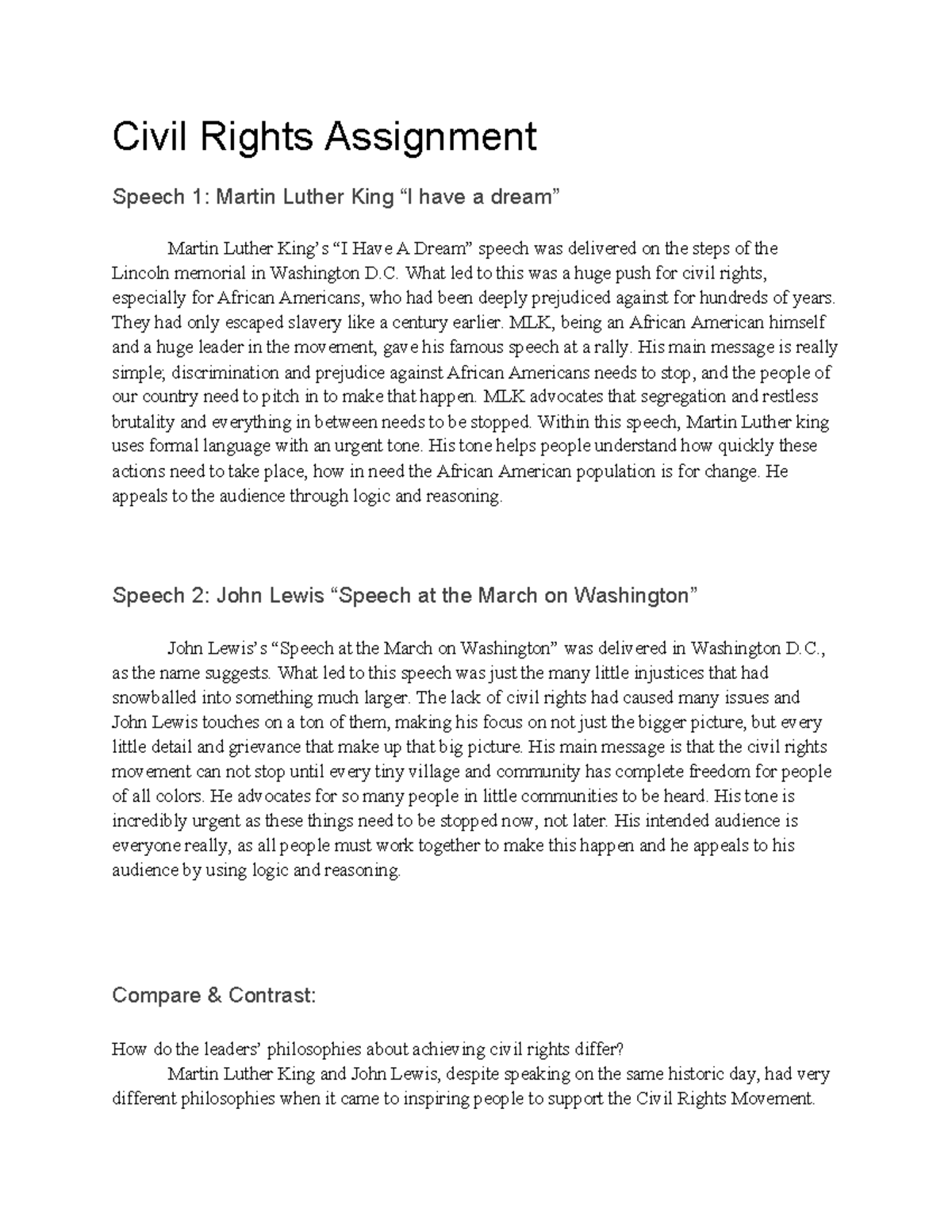 Civil Rights Assignment: Comparing MLK and John Lewis Speeches - Studocu