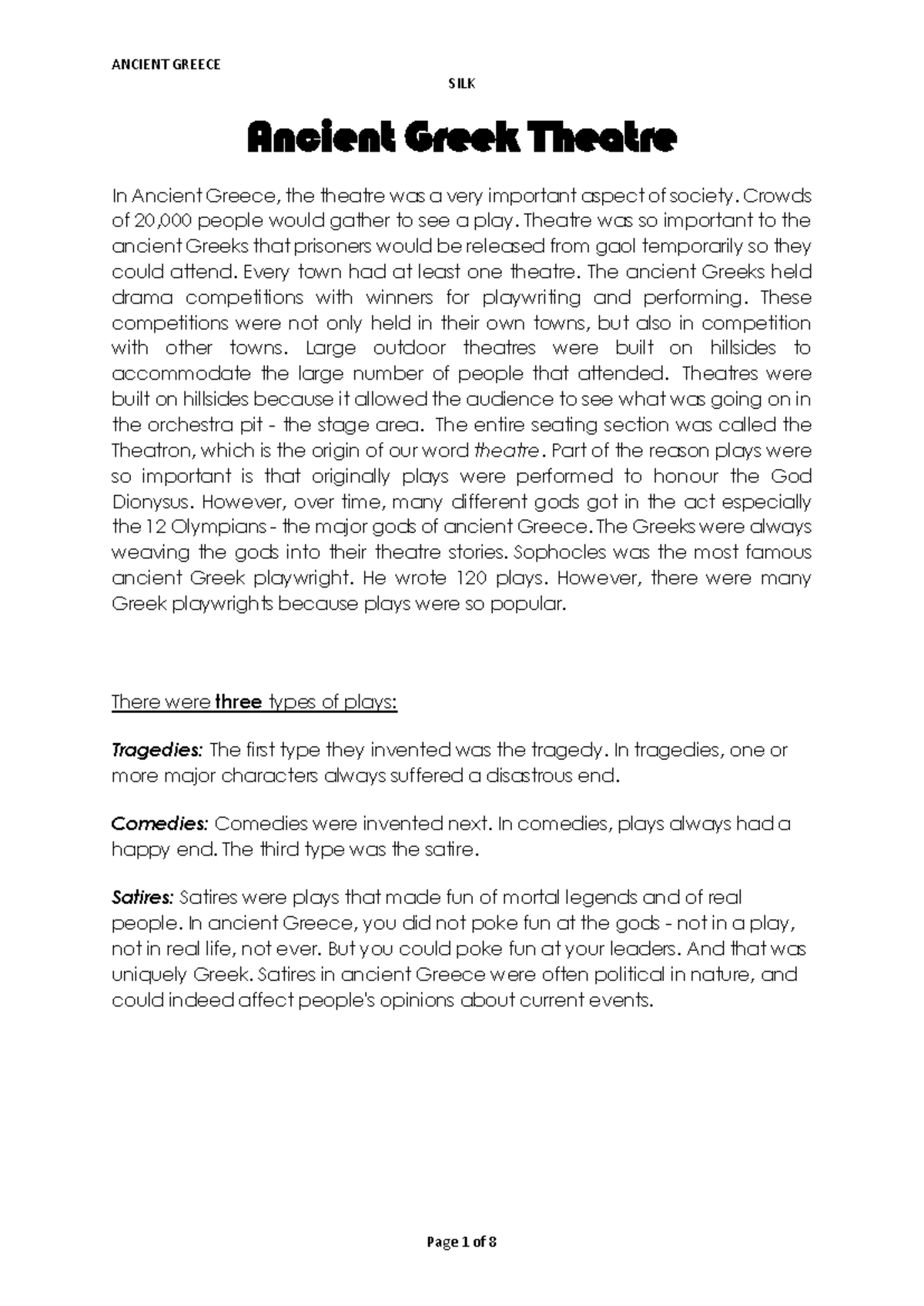 Ancient Greek Theatre Worksheet (Course Code: ANCIENT GREECE SILK ...