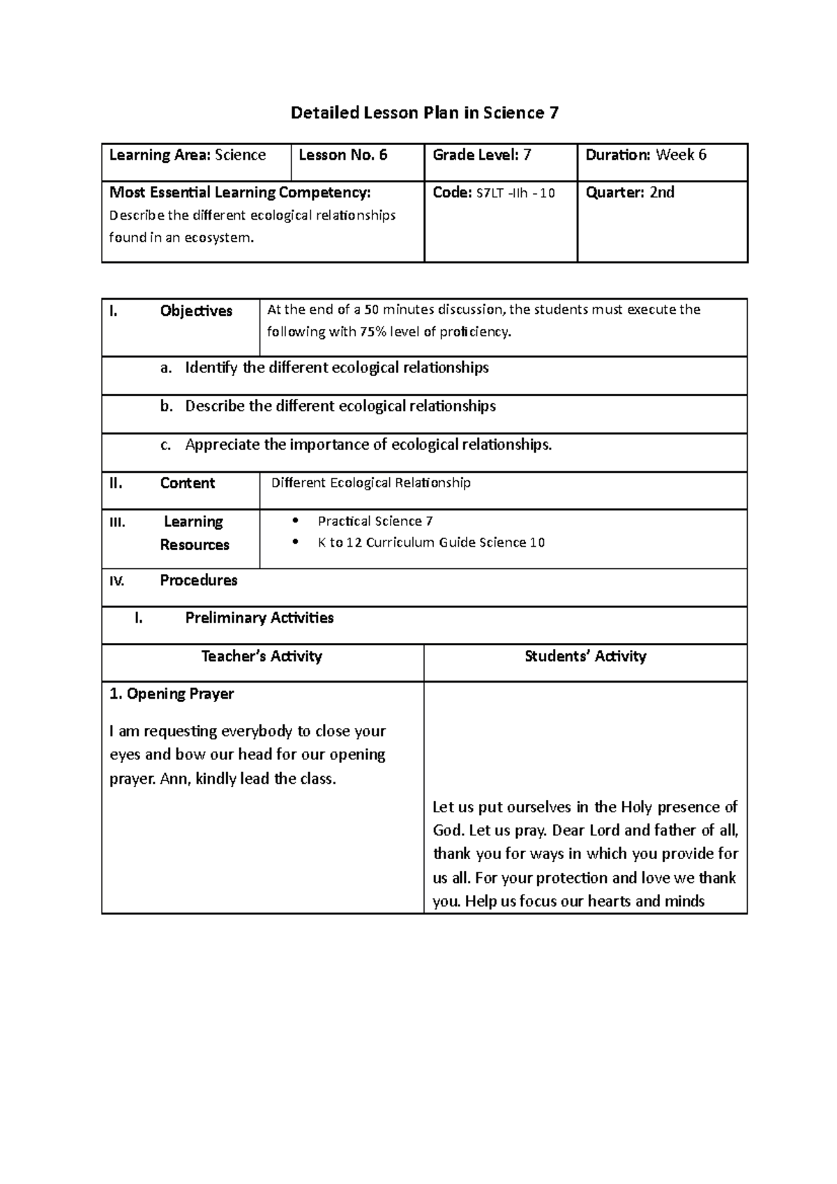 Lesson Plan: Ecological Relationships in Ecosystems (S7LT-IIh-10) - Studocu