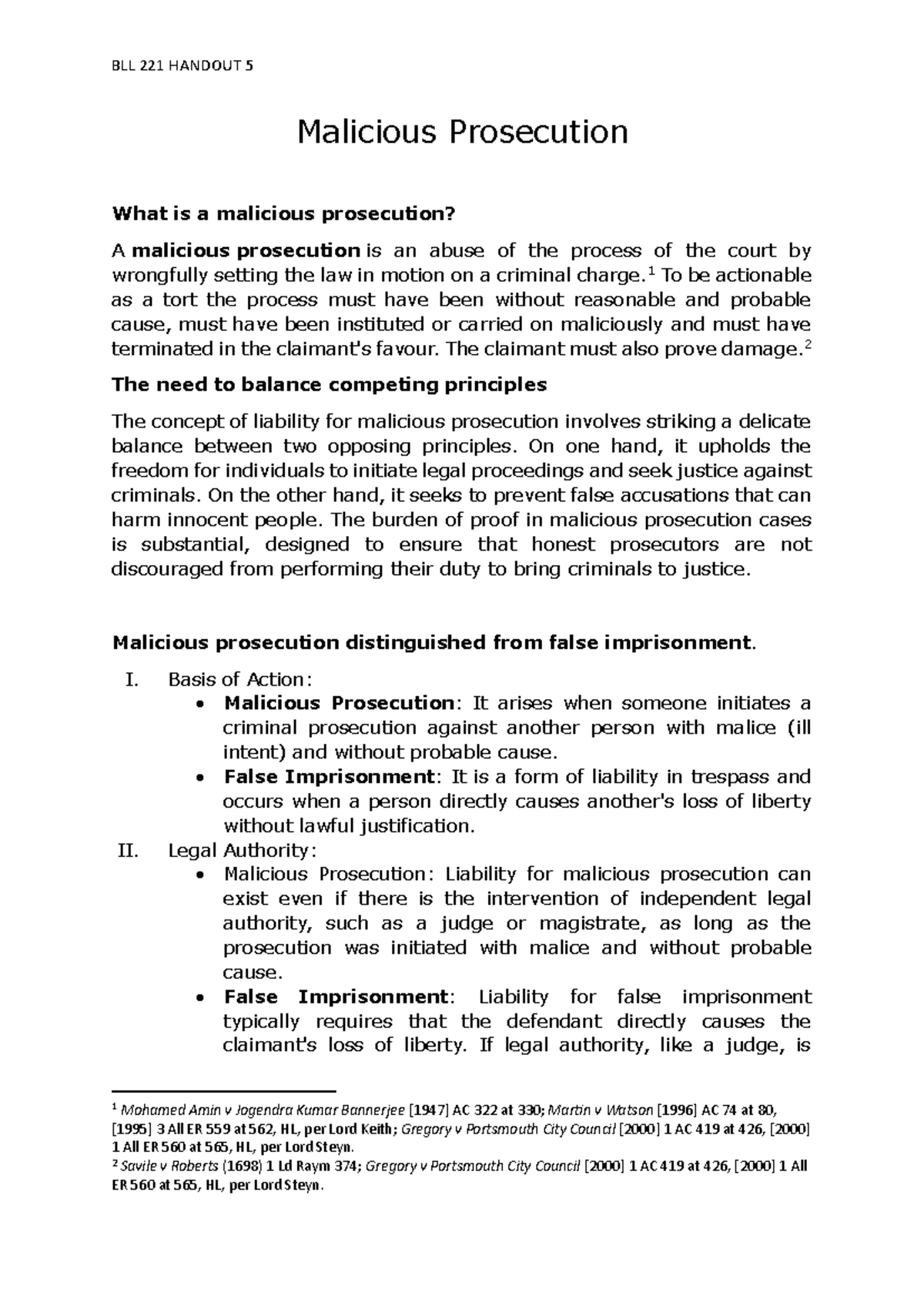 BLL 221 HANDOUT 5: Understanding Malicious Prosecution - Studocu