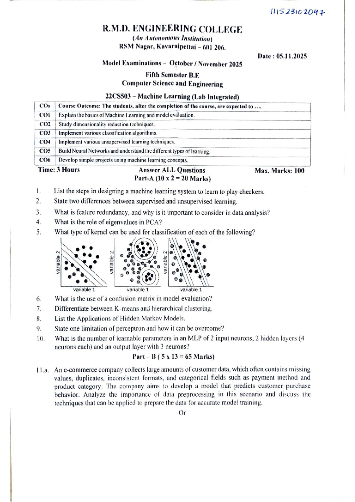 22CS503 Machine Learning Model Exam Questions & Analysis - Studocu
