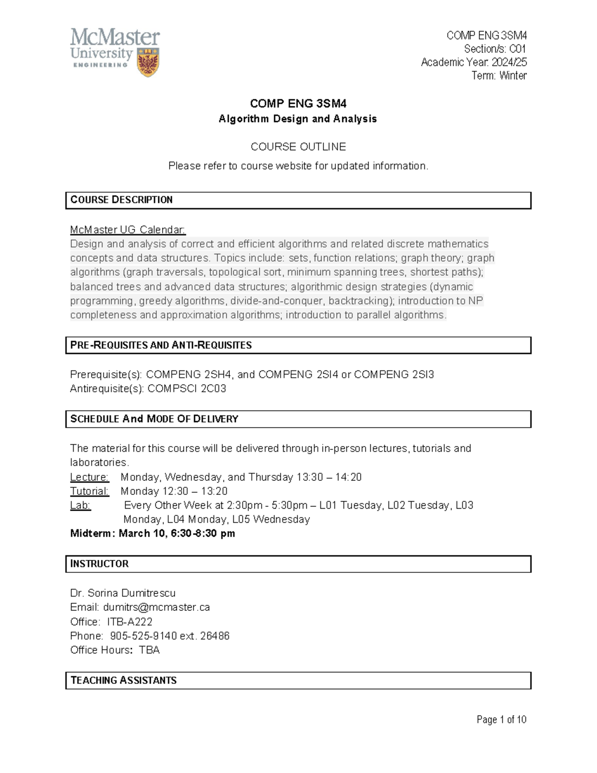 COMP ENG 3SM4 Course Outline: Algorithm Design & Analysis Winter 2025 ...
