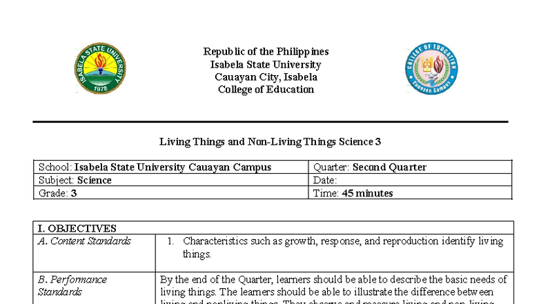 Science 3: Living and Non-Living Things Lesson Plan - Studocu