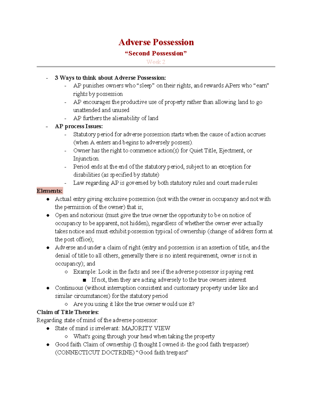 Adverse Possession - Law Lecture Notes (Week 2) Analysis - Studocu